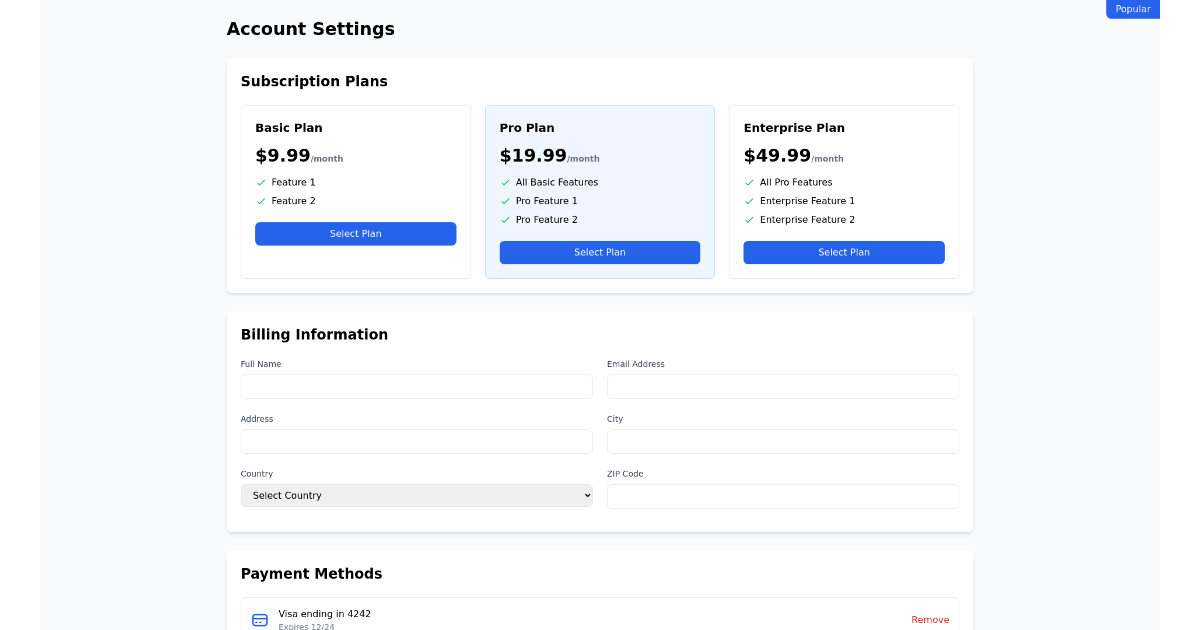 Account Settings Dashboard - Free Html, Tailwind Component