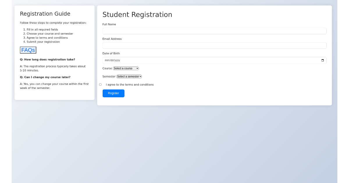 Student Registration Component - Free Html, Bootstrap Component