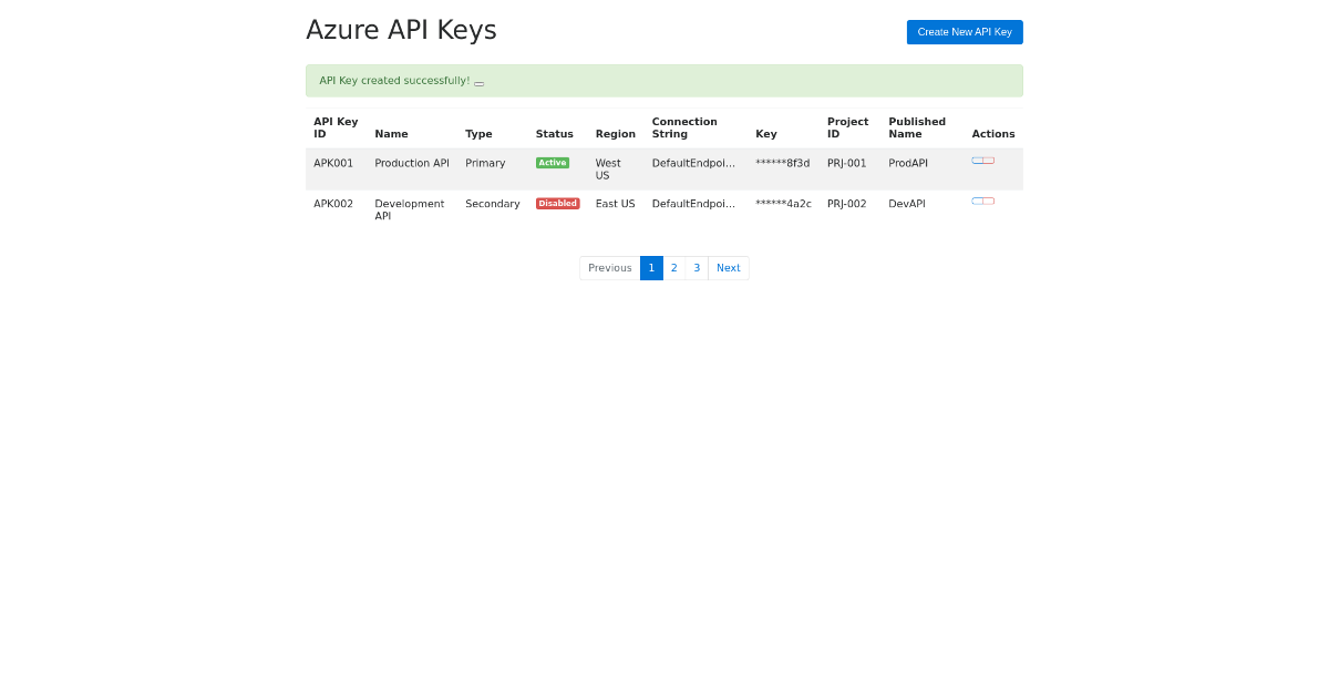 Manage Azure API Keys - ASP.NET Core Razor View