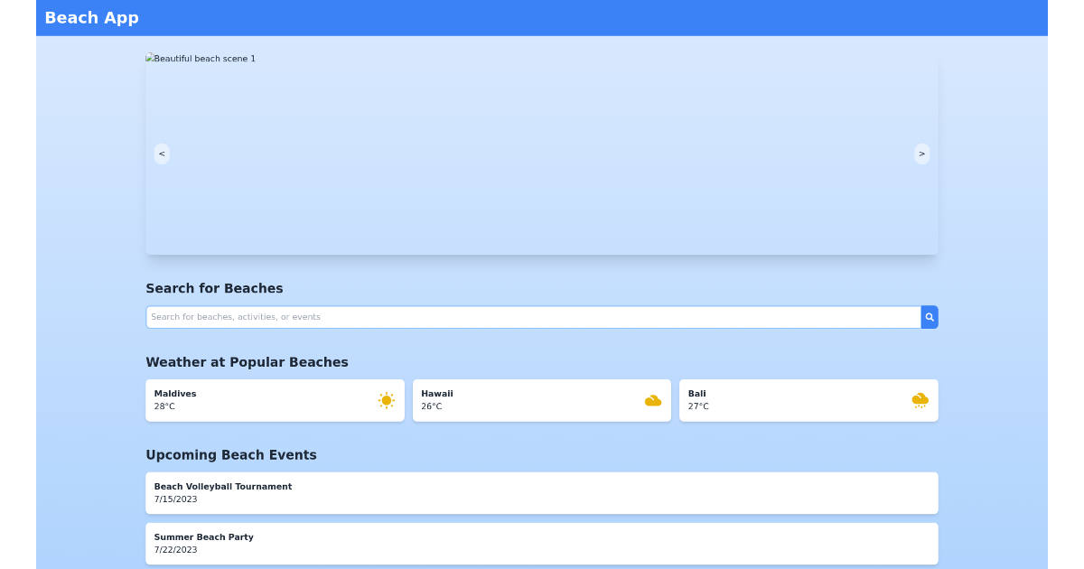 Beach App Home Page - Free React, Tailwind Component