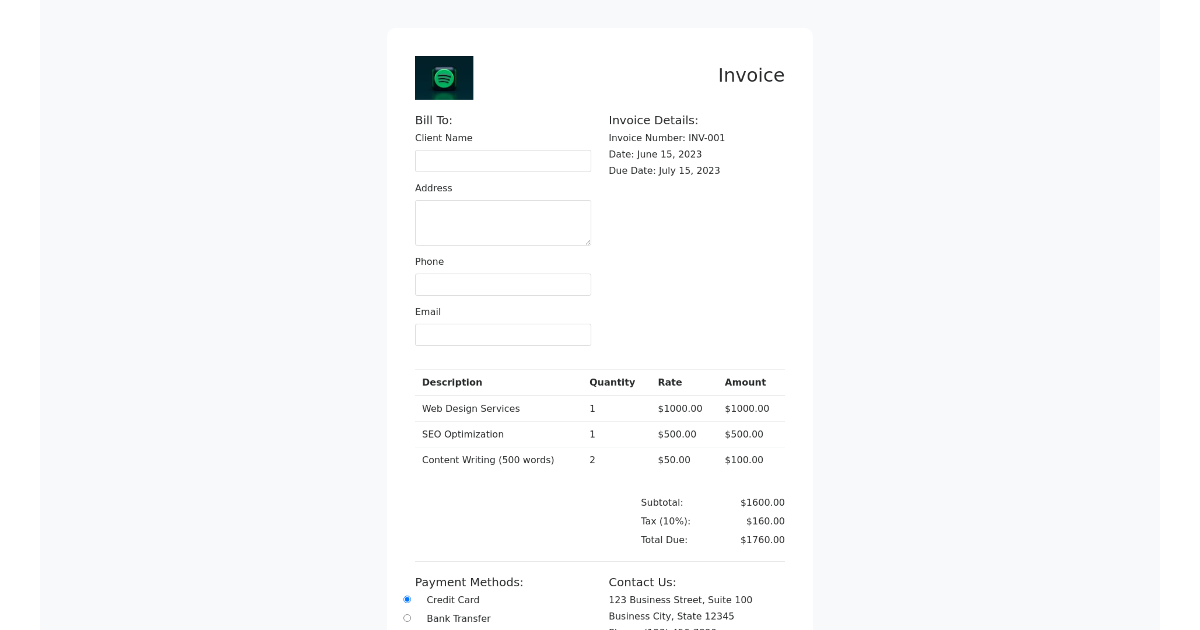 Billing Invoice Interface - Free Html, Bootstrap Component