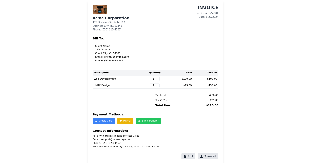 React Tailwind Billing Invoice Component | Professional Payment Interface