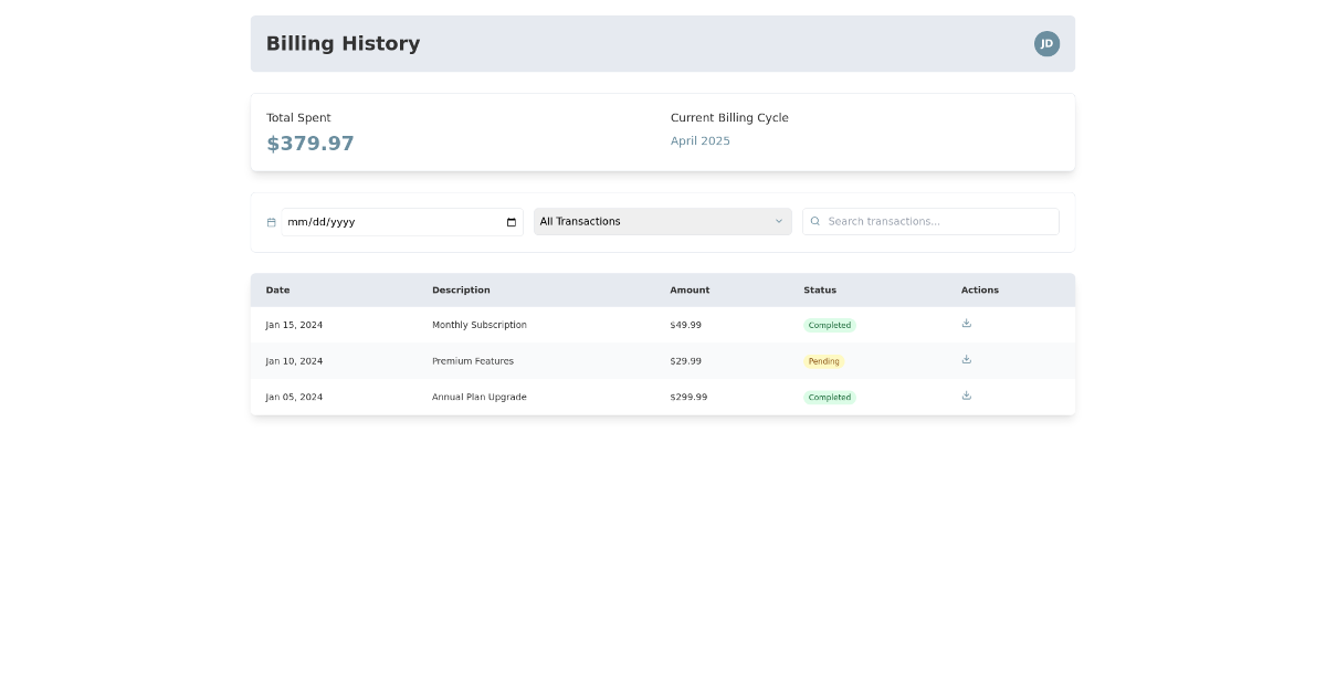 Billing History - Free React, Tailwind Component