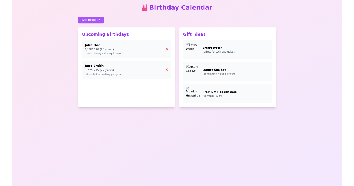 Birthday Calendar - Free React, Tailwind Component