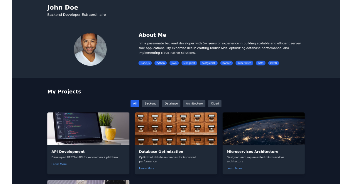 Bold Design UI for Backend Developer Portfolio with React & Tailwind