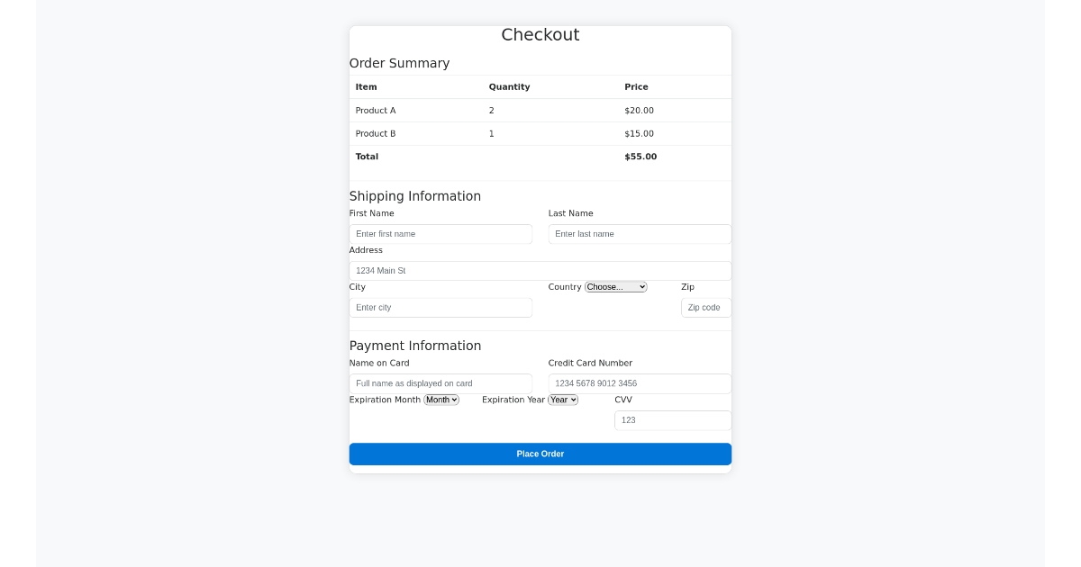 Bootstrap Checkout Form with Item Summary and User-Friendly Layout