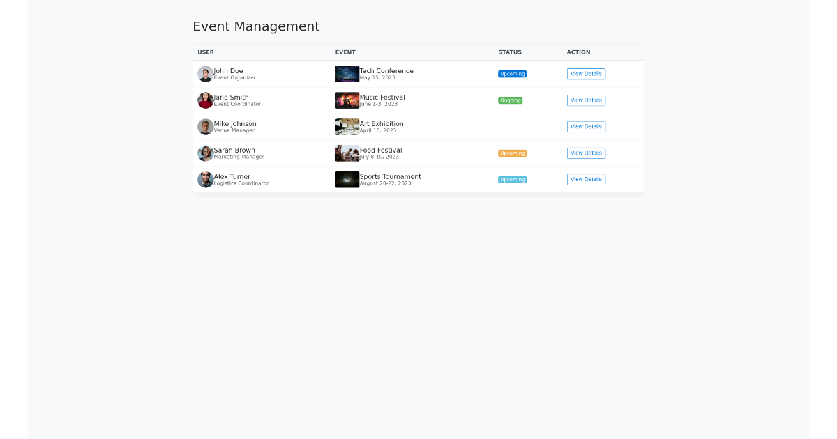 Event Management Table - Free Html, Bootstrap Component
