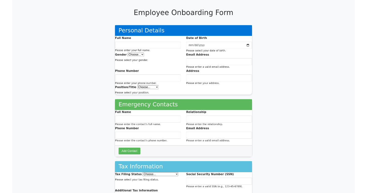 Employee Onboarding Form - Free Html, Bootstrap Component