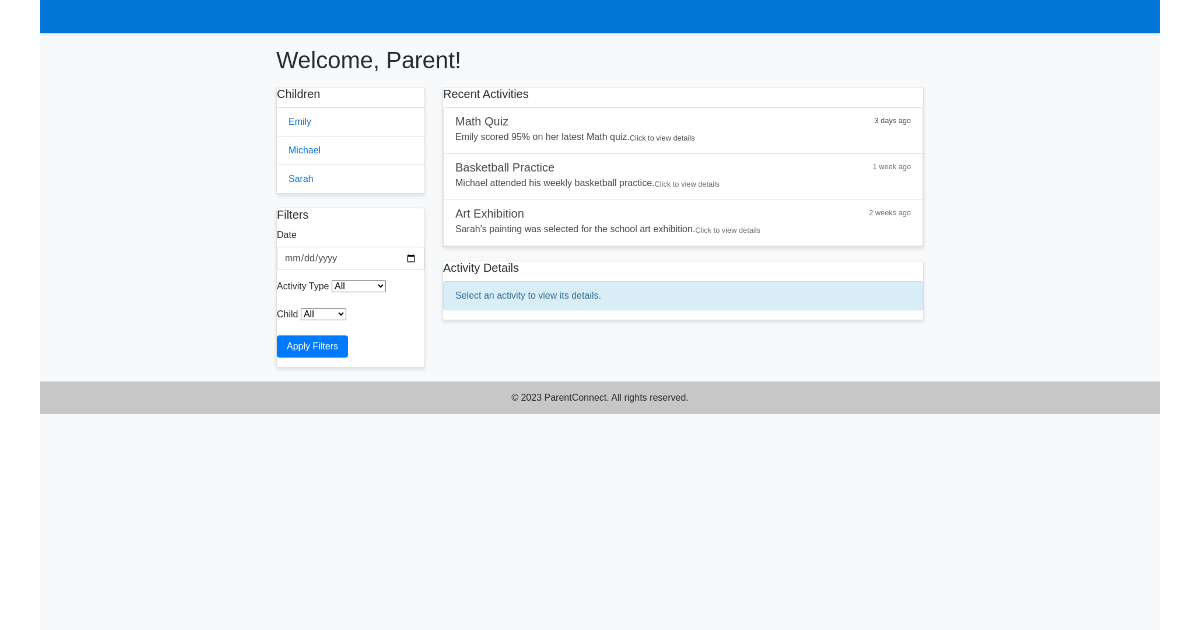 Parent Dashboard Component - Free Html, Bootstrap Component