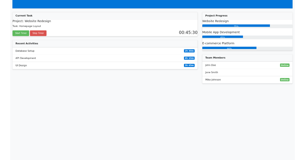 Time Tracking Dashboard - Free Html, Bootstrap Component