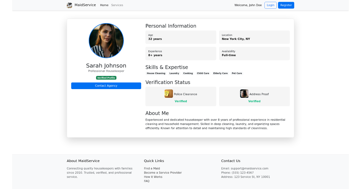 Maid Profile Component - Free Html, Bootstrap Component