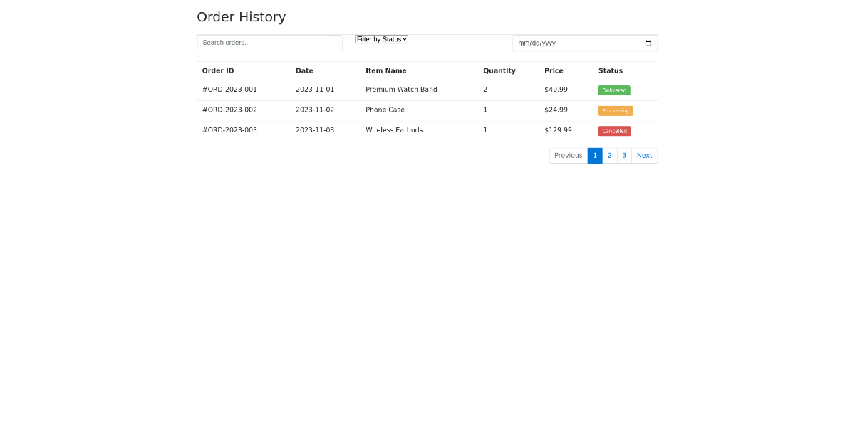 Order History Table - Free Html, Bootstrap Component