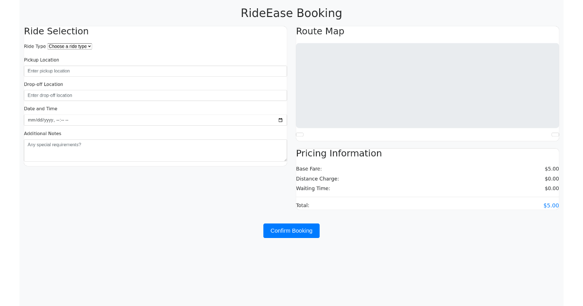Ride Ease Booking Component - Free Html, Bootstrap Component