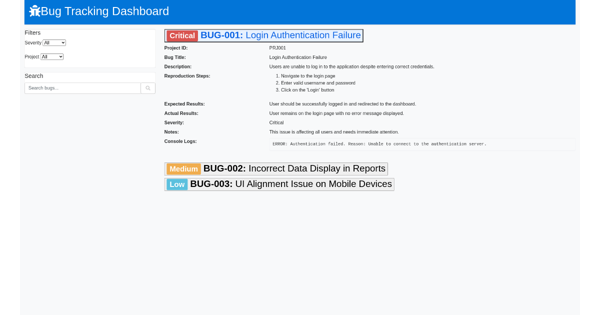 Bug Tracking Dashboard - Free Html, Bootstrap Component