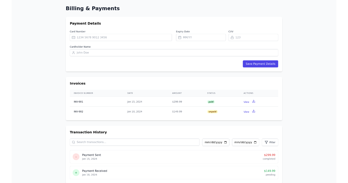 Billing Page - Free React, Tailwind Component
