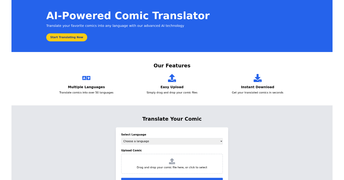 Comic Translator Landing - Free React, Tailwind Component