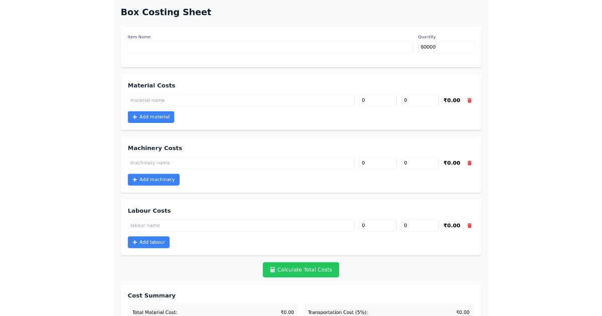 Costing Sheet - Free React, Tailwind Component