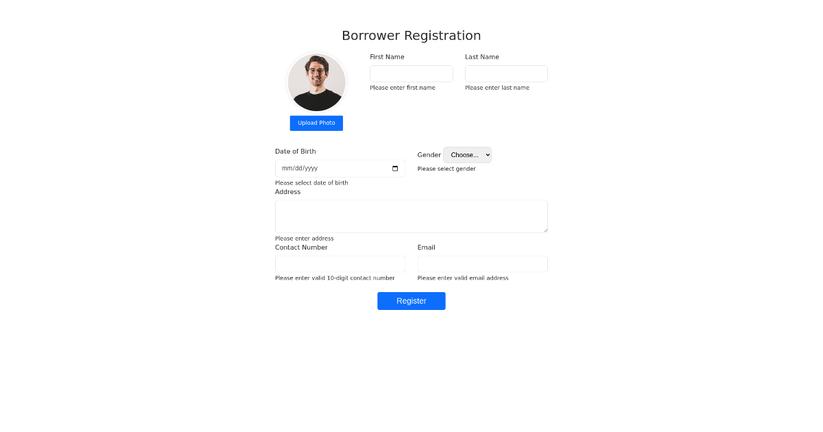 Borrower Registration Form - Free Html, Bootstrap Component