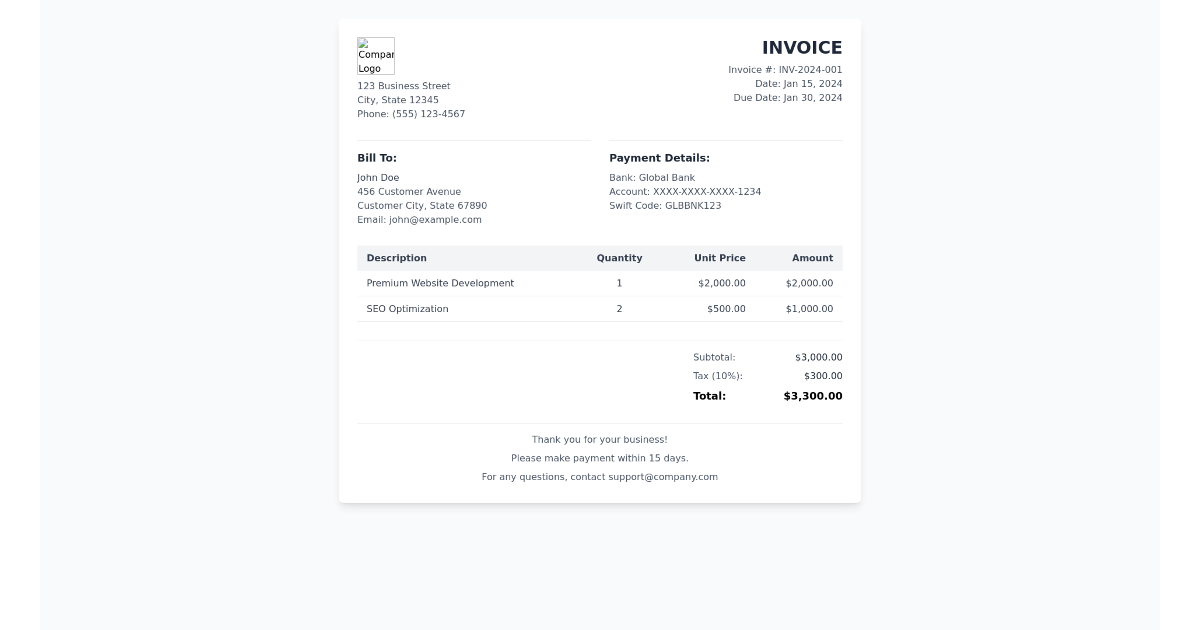Professional Billing Invoice - Free Html, Tailwind Component