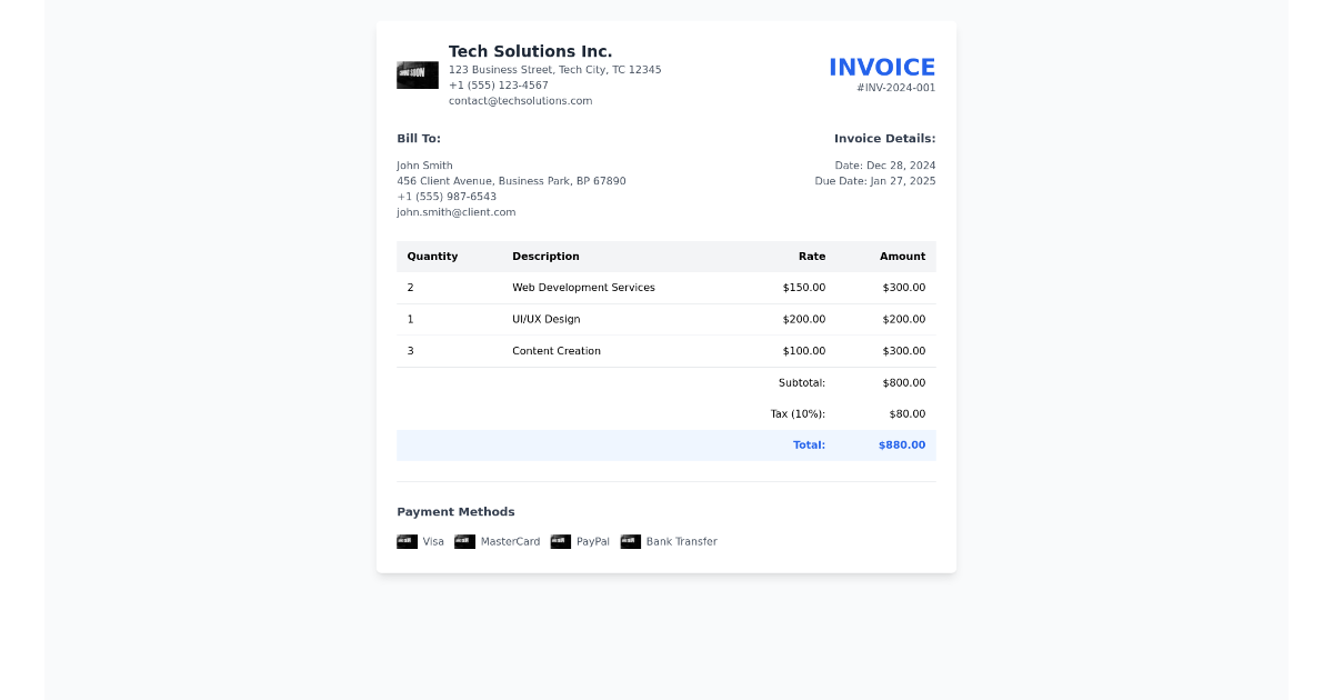 Angular Invoice Template with Tailwind CSS - Company & Client Details