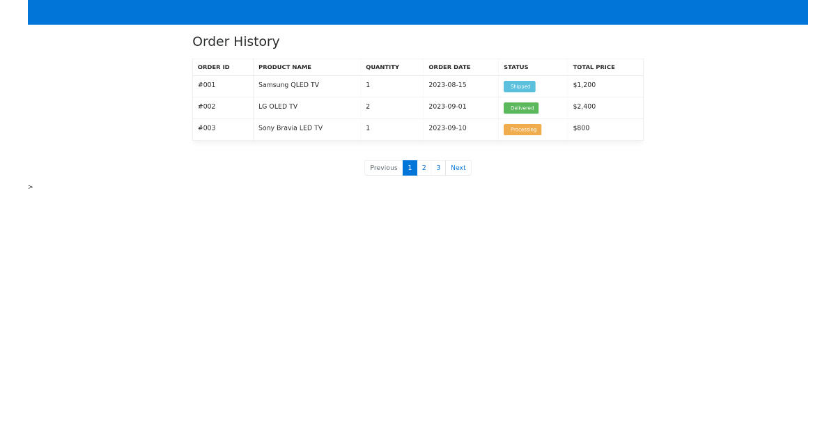 Create Order History for TV Product | Bootstrap HTML Component