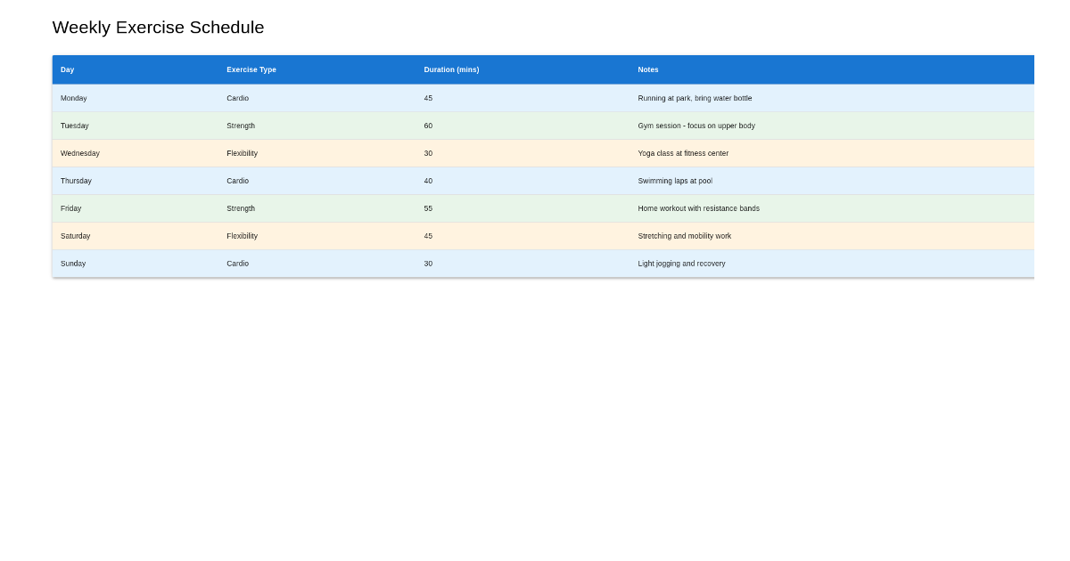 React MUI Data Table for Weekly Exercise Schedules