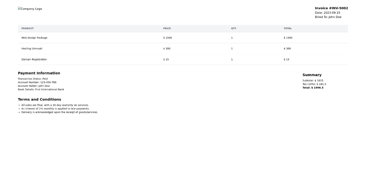 Invoice Page - Free React, Tailwind Component