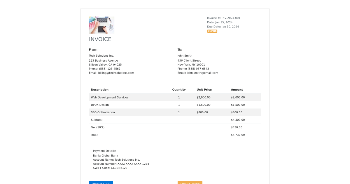 Professional Invoice Template - Free Html, Bootstrap Component