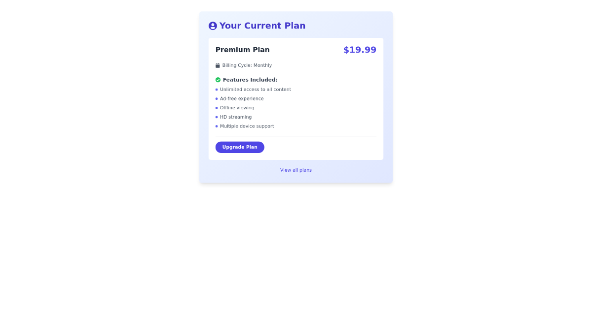 User's Current Plan Details - React Component