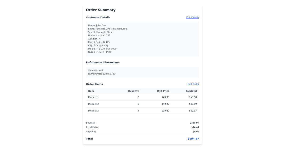 Order Summary Component - Free Angular, Tailwind Component