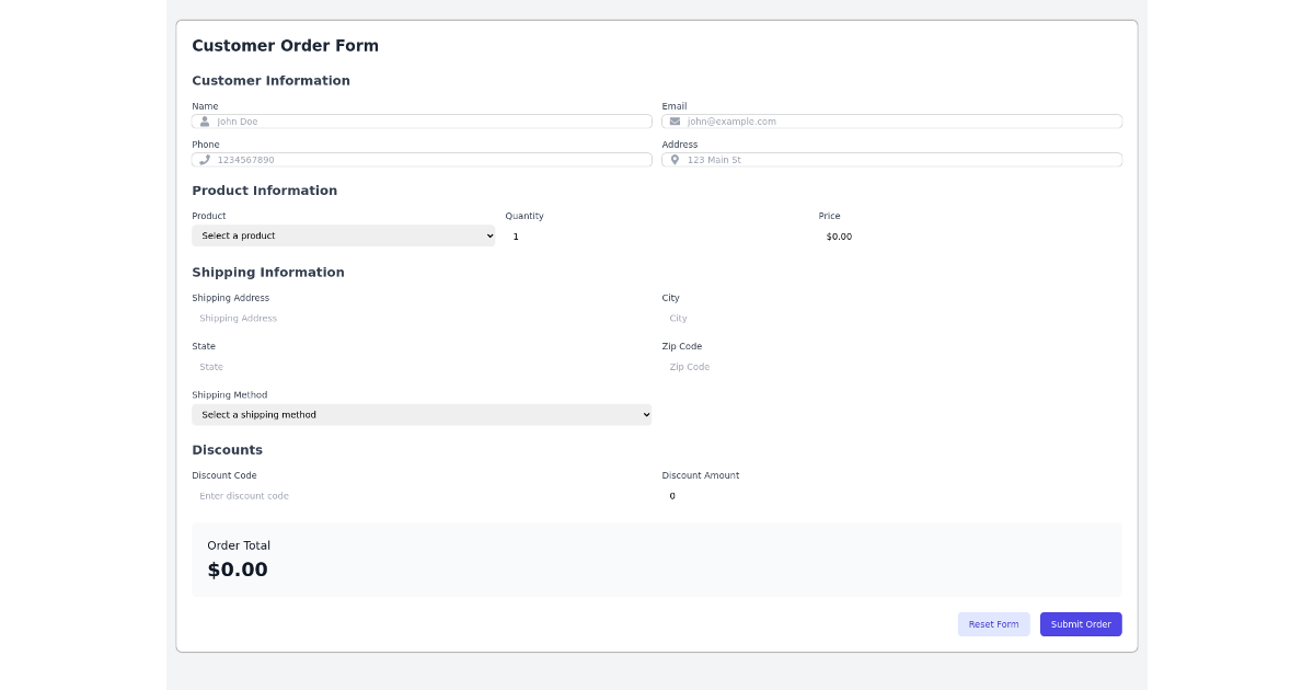 Customer Order Form - Free React, Tailwind Component