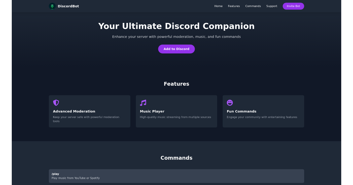 Discord Bot Template - Free Html, Tailwind Component