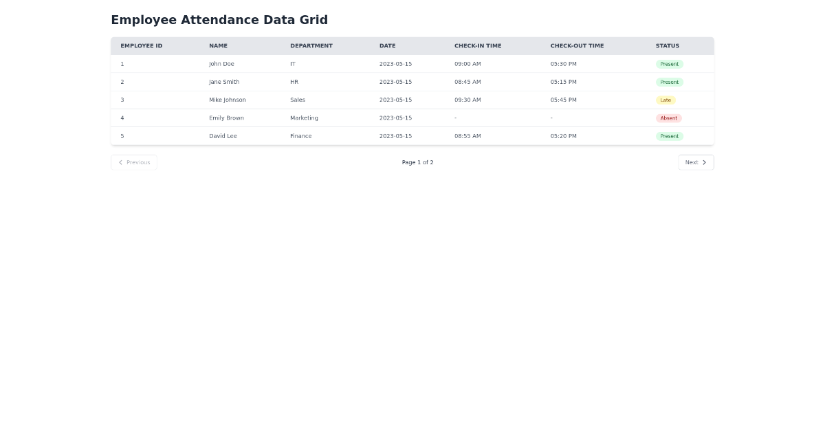 Employee Attendance Data Grid - Free React, Tailwind Component