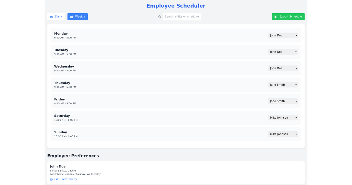Employee Scheduler - Free React, Tailwind Component