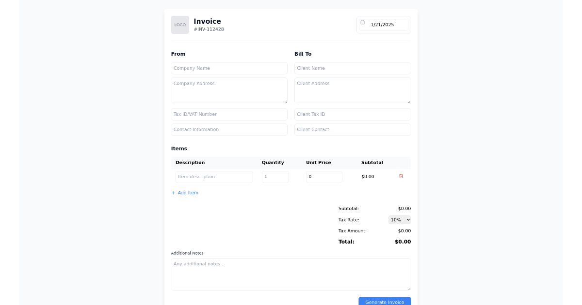 Invoice Form - Free React, Tailwind Component