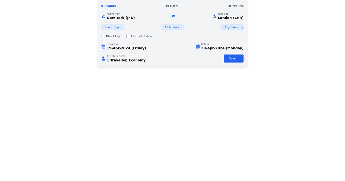 Flight Booking Interface - Free React, Tailwind Component
