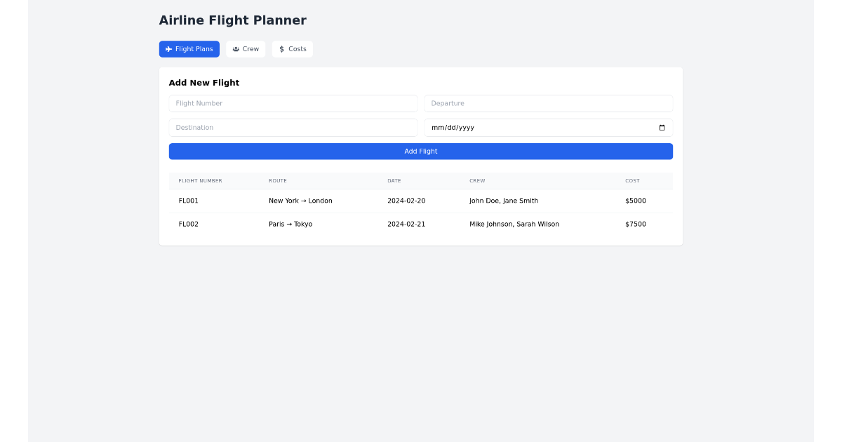 Airline Flight Planner - Free React, Tailwind Component