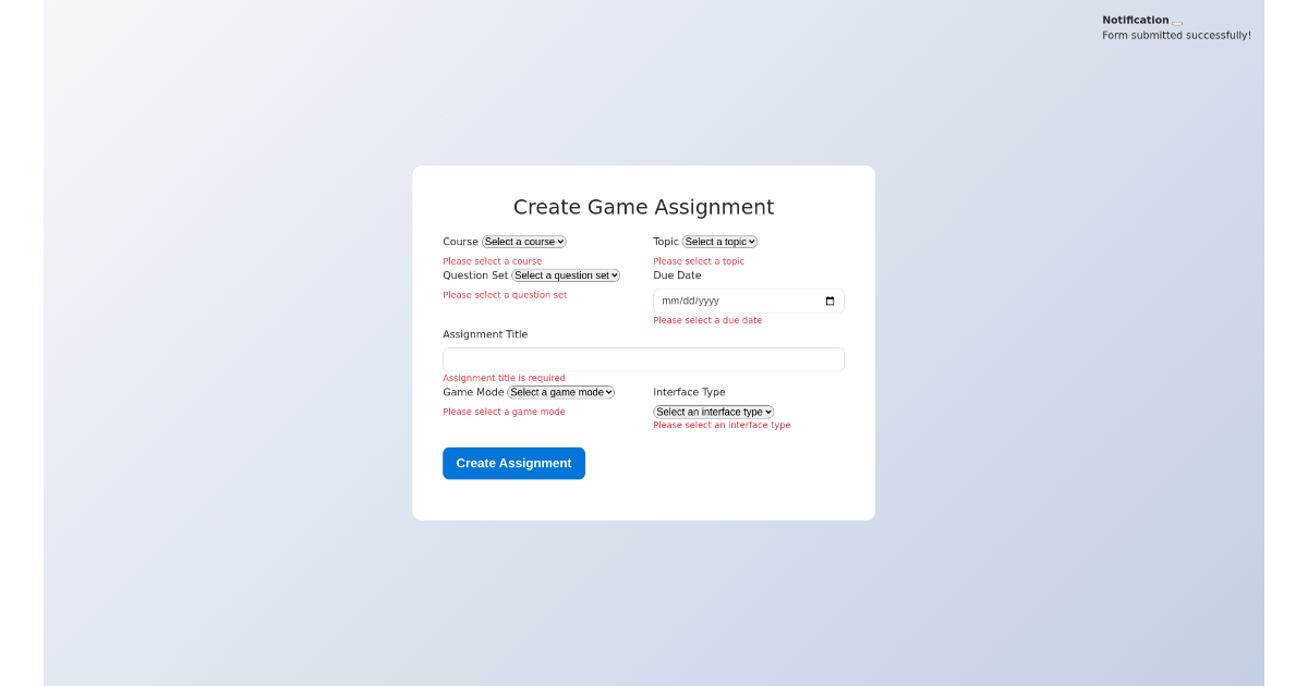 Game Assignment Form - Free Html, Bootstrap Component