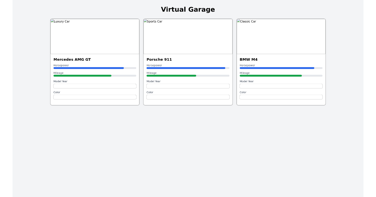 Virtual Garage Interface - Free Html, Tailwind Component