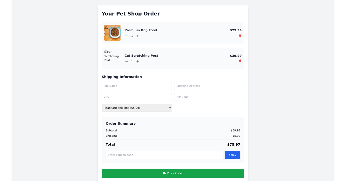 Pet Shop Receipt - Free React, Tailwind Component
