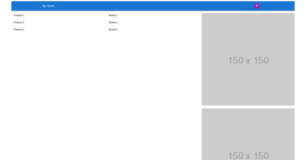 React MUI Header with Navigation and Multi-Column Product Layout
