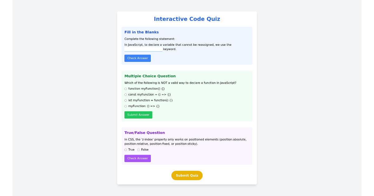 Interactive Quiz Page - Free Html, Tailwind Component