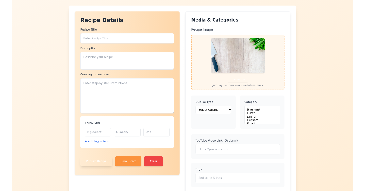 Recipe Upload Form - Free Html, Tailwind Component
