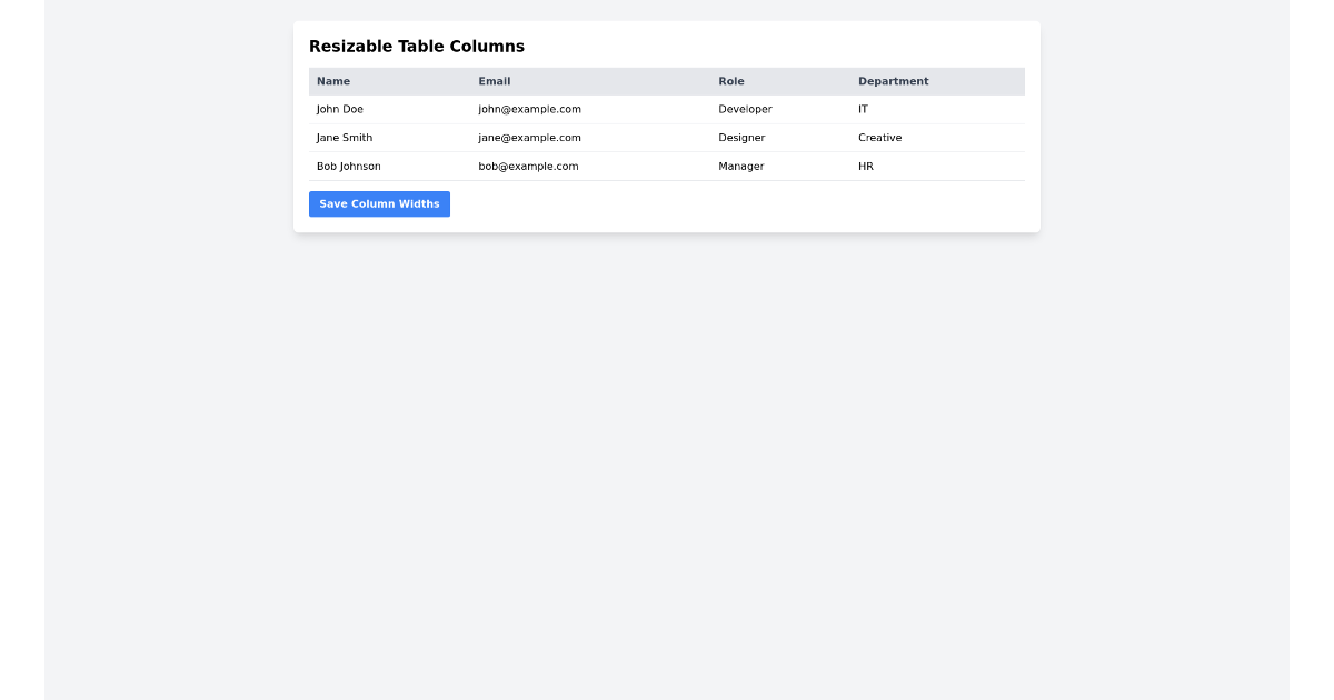 Resizable Column Table - Free Html, Tailwind Component