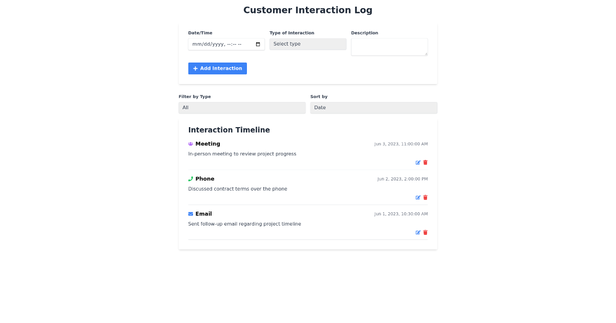 Interaction Log - Free React, Tailwind Component