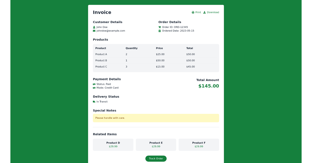 Invoice Component for Order Details in React with Tailwind CSS