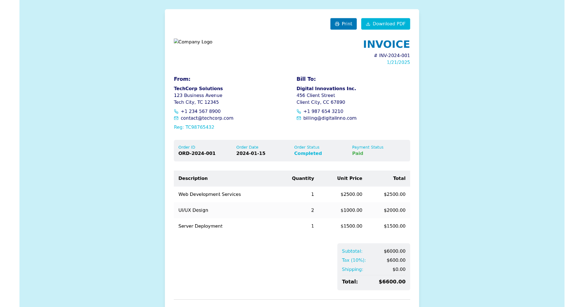 Professional Invoice - Free React, Tailwind Component