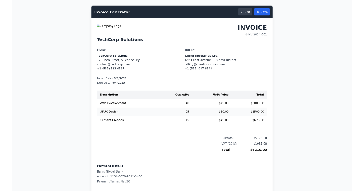 Invoice Template - Free React, Tailwind Component