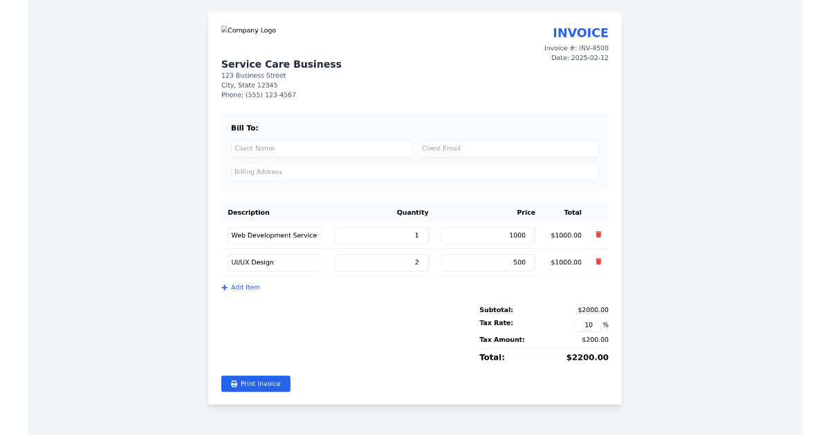 React Invoice Page with Tailwind CSS | Business Billing Solution