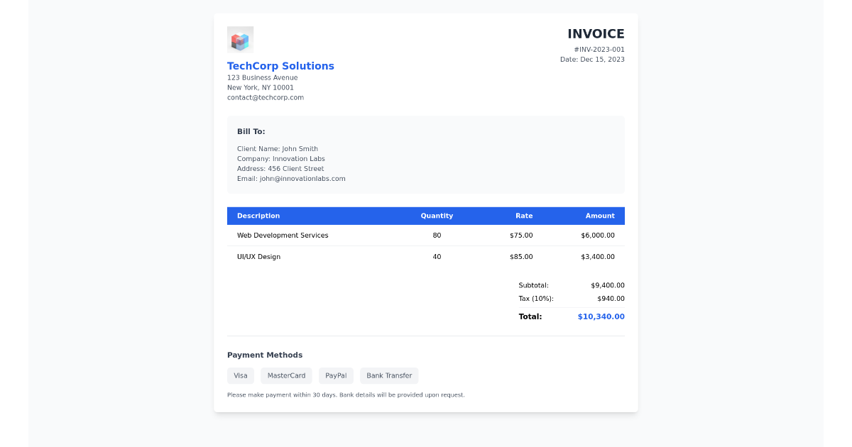 Professional Invoice Template - Free Html, Tailwind Component